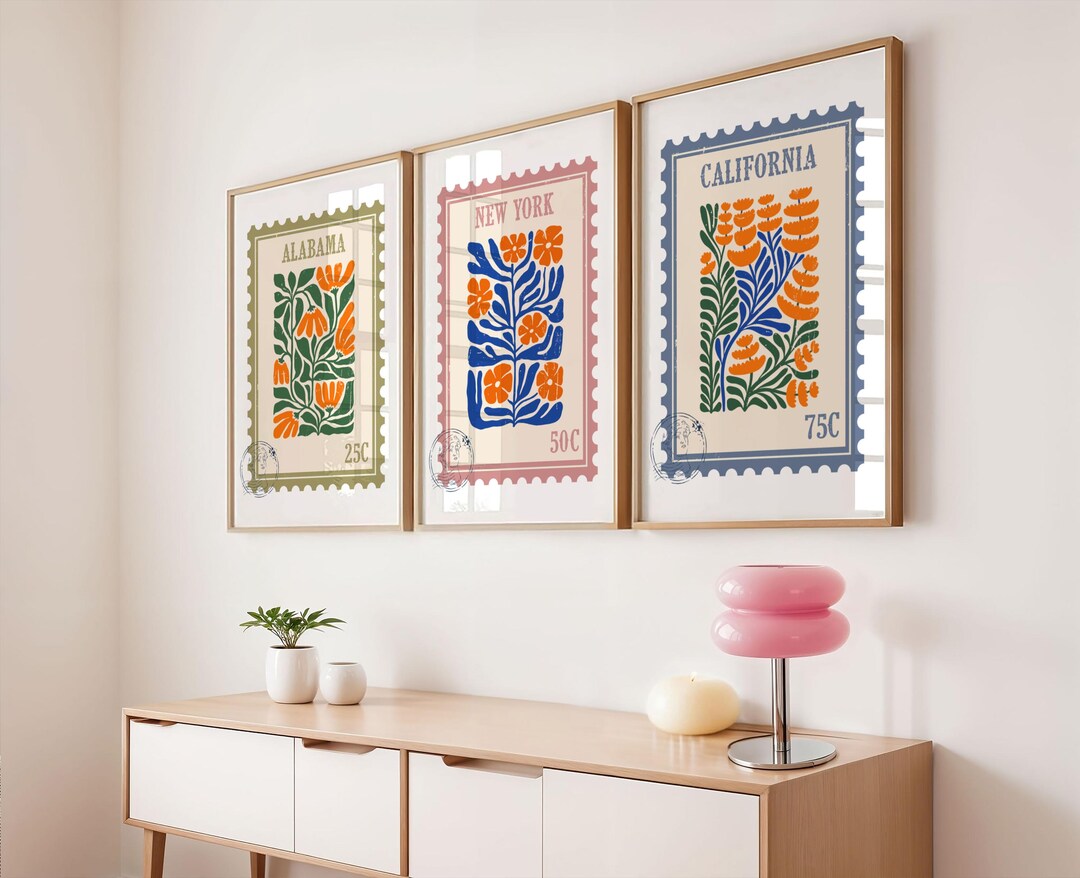 Custom Retro Abstract Flower Stamp Wall Art Set of 3 Custom State Stamp ...