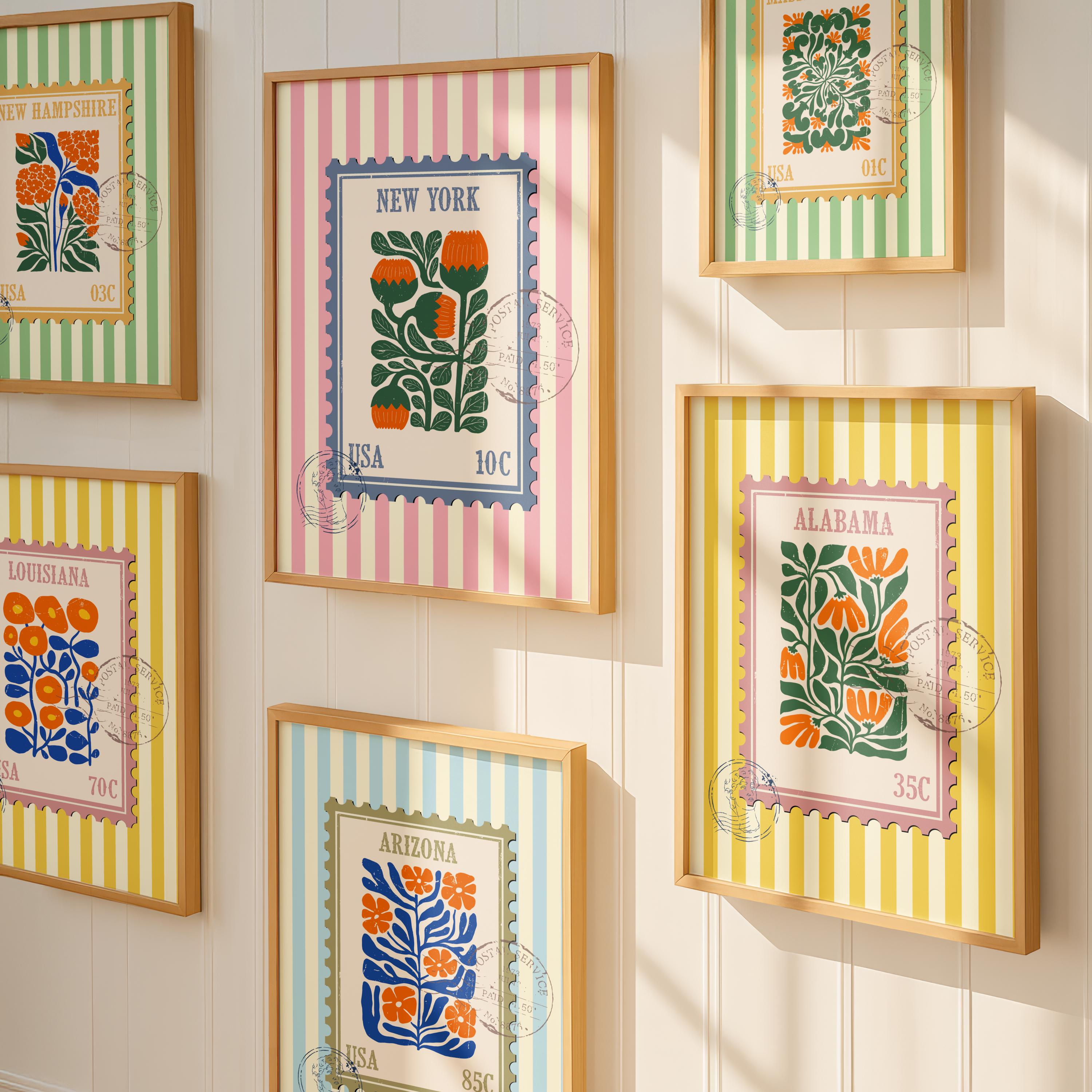 State Flower Stamp Wall Art Set of 50 Retro Abstract Floral Print ...