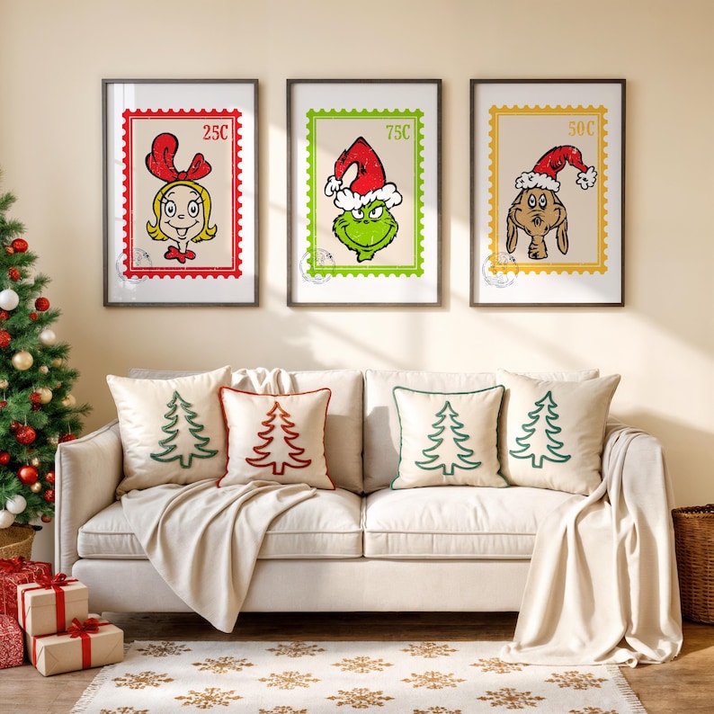 Grinch Stamp Wall Art Set of 3 Christmas Grinch Wall Print Set ...