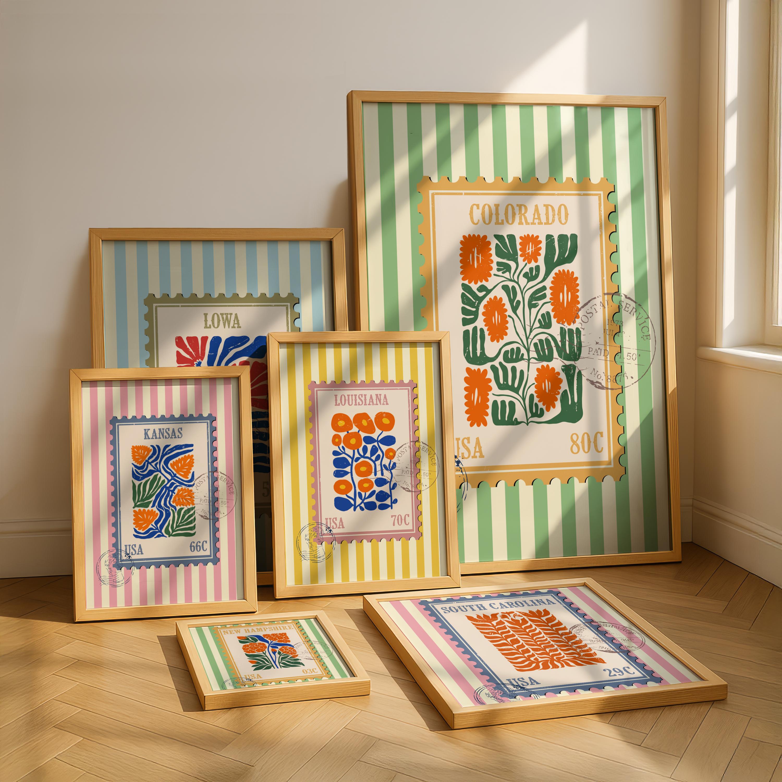 State Flower Stamp Wall Art Set of 50 Retro Abstract Floral Print ...