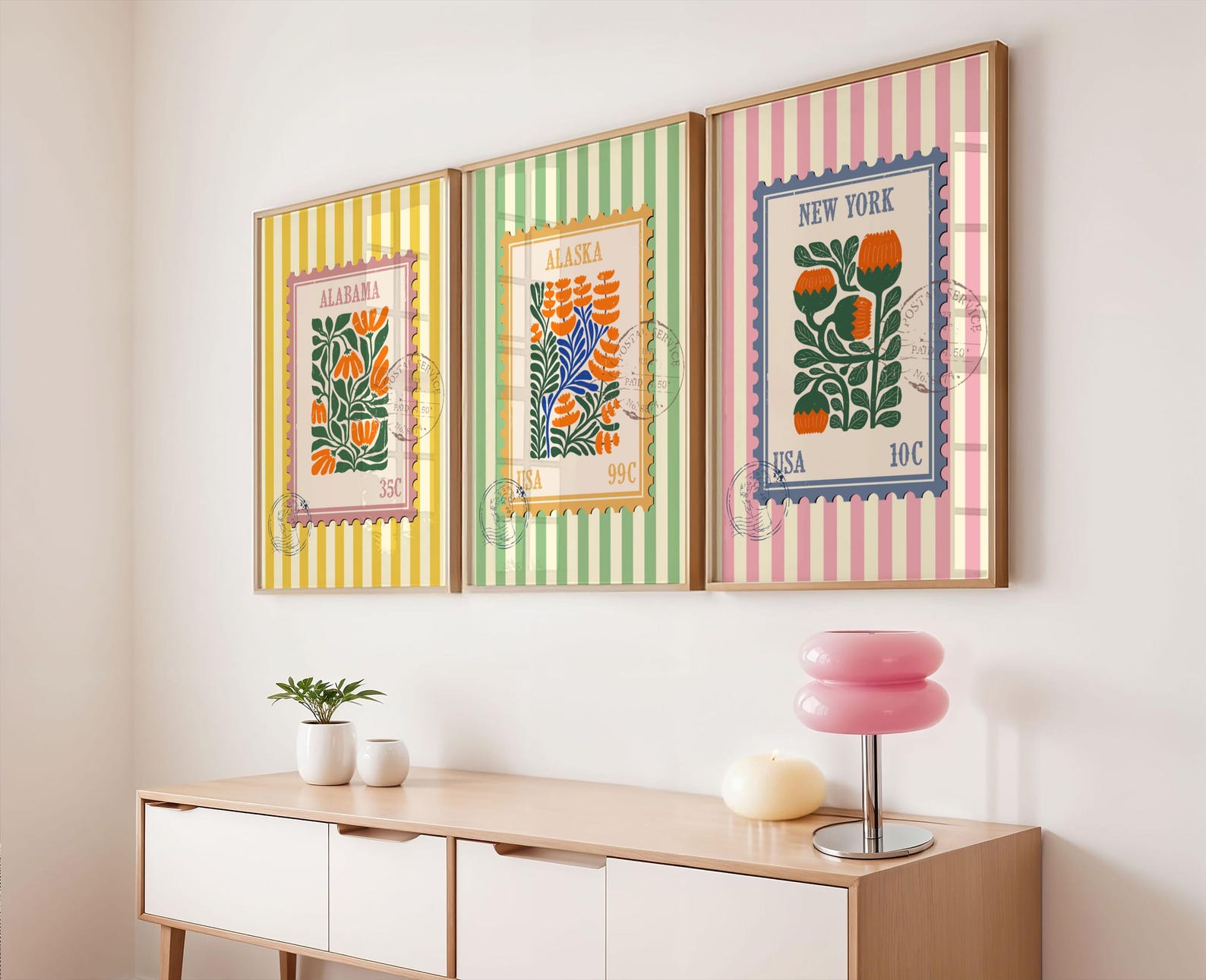 State Flower Stamp Wall Art Set of 50 Retro Abstract Floral Print ...