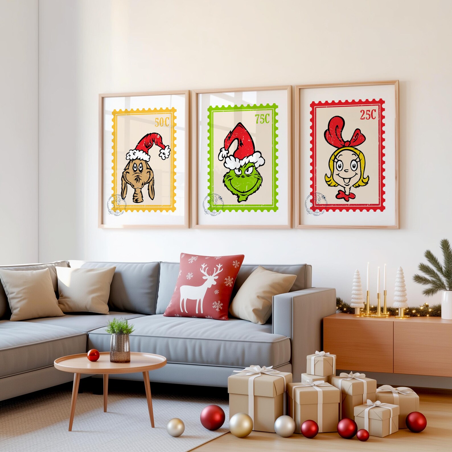 Grinch Stamp Wall Art Set of 3 Christmas Grinch Wall Print Set ...