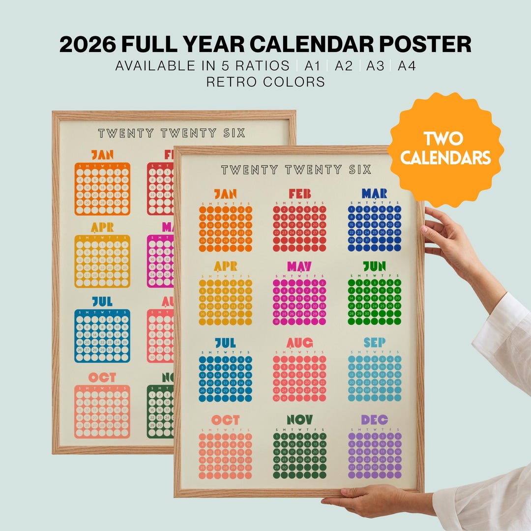 2 Prints Retro 2026 Full Year Wall Calendar Colorful Calendar 2026 ...