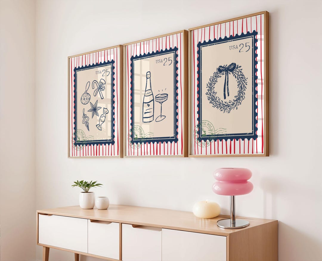 Retro Christmas Stamp Print Set of 3 Christmas Tree Stamp Decor Retro ...