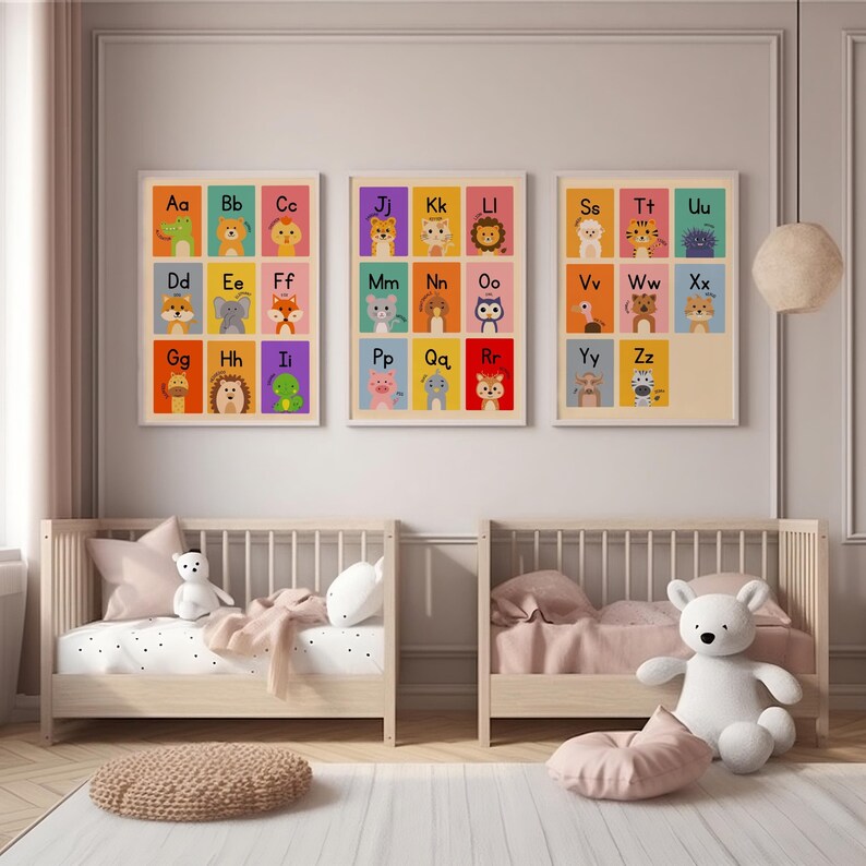 Cute Animal Alphabet Posters Set of 3 Nursery Wall Art Kindergarten ...