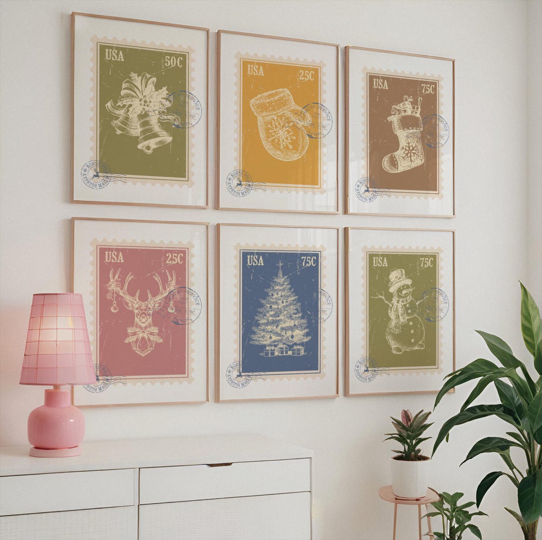 50 Vintage Christmas Postage Stamp Wall Art Christmas Holiday Decor Set ...