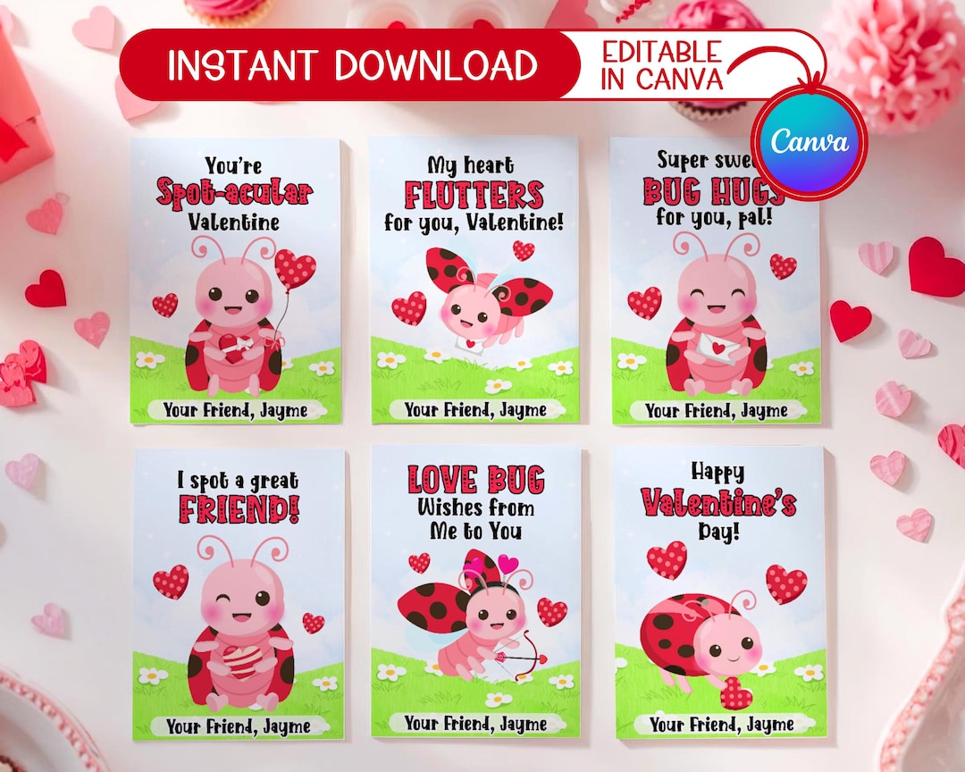 Editable Ladybug Valentine's Day Card, Printable Valentine Cards, Class ...