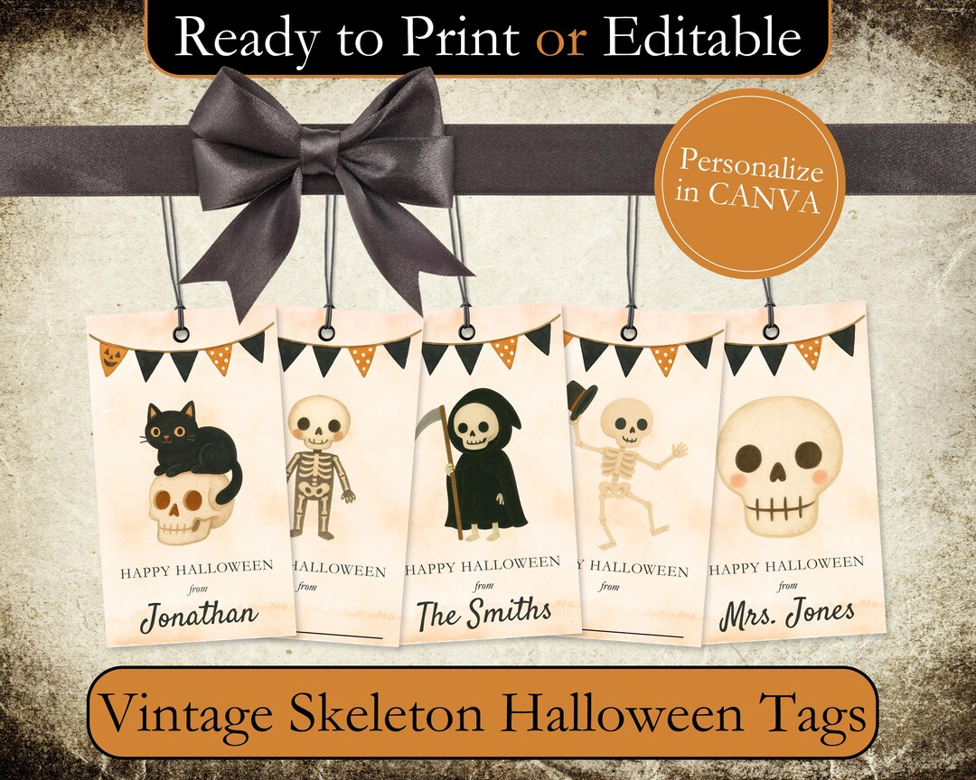 Printable Vintage Skeleton Halloween Gift Tags, Vintage Halloween Tags ...