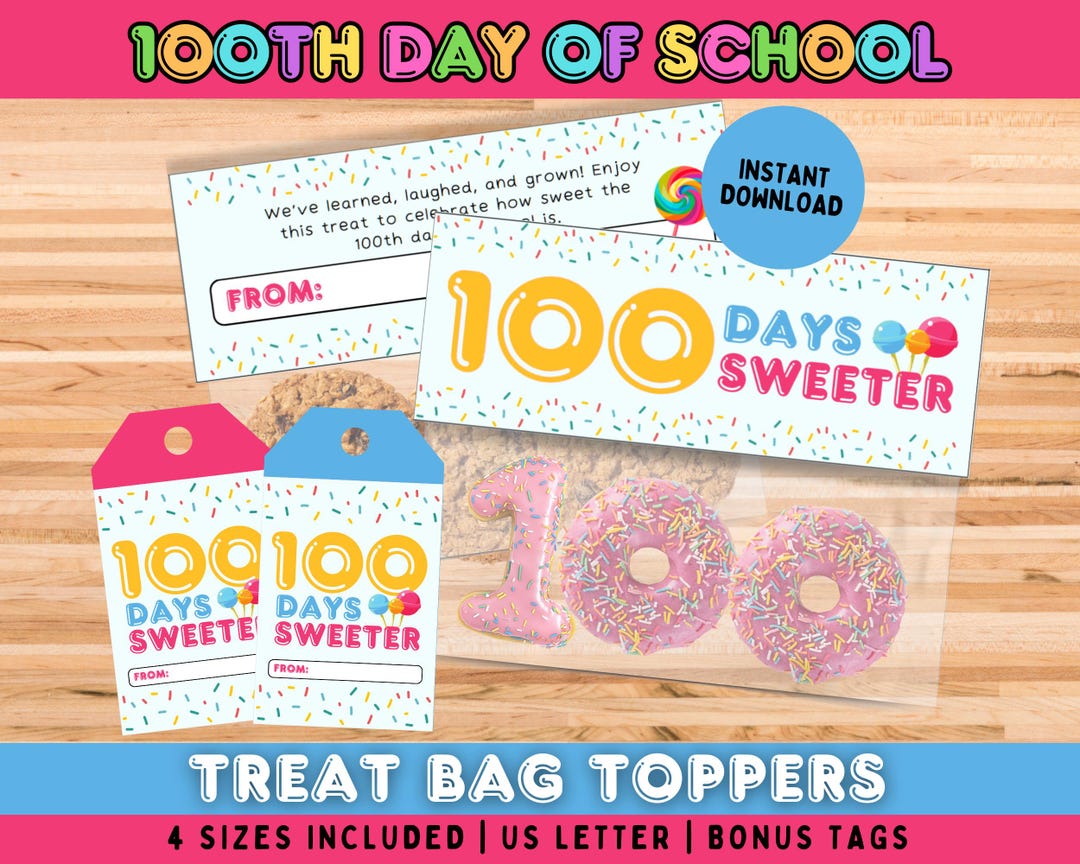 100th Day of School Treat Bag Topper, 100 Days of School, 100 Days ...