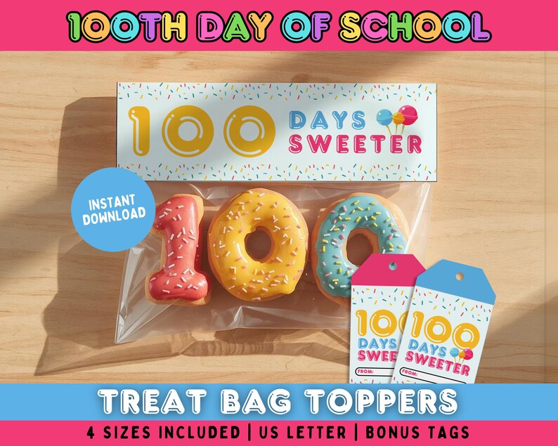 100th Day of School Treat Bag Topper, 100 Days of School, 100 Days ...