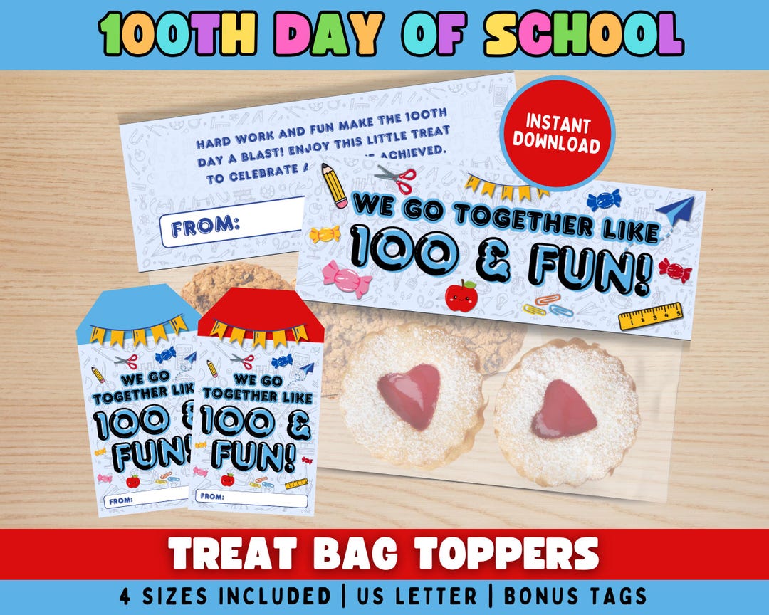 100th Day of School Treat Bag Toppers, 100th Day of School Treat Tags ...