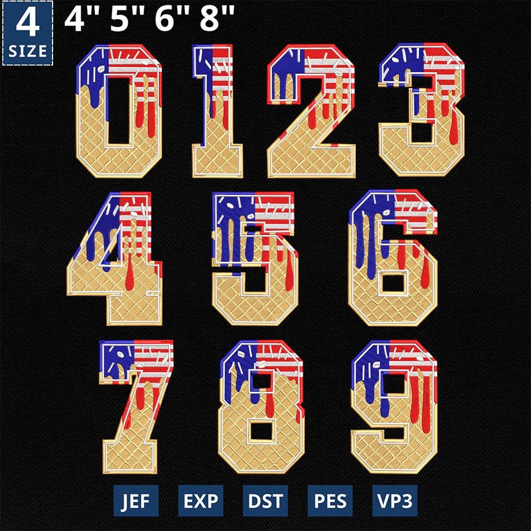 4th of July Red White and Blue Drip Numbers Embroidery, Patriotic ...