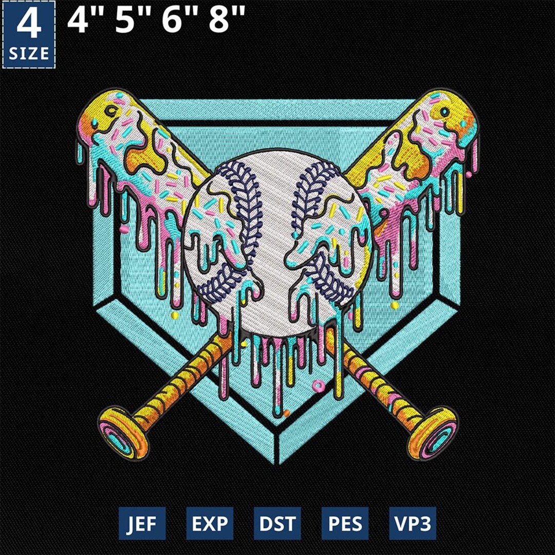 Baseball Drip Ice Cream Embroidery, Baseball Home Plate Drip Embroidery ...