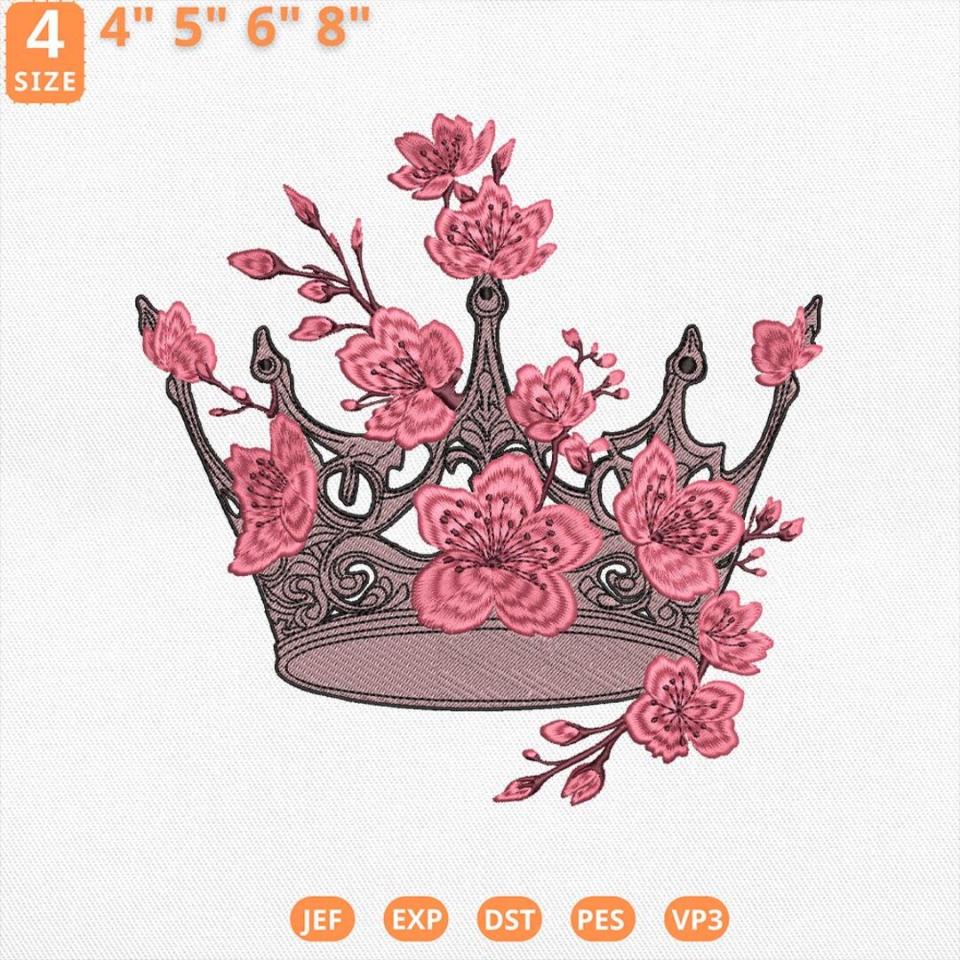 Floral Crown Embroidery Design, Pink Blossom Machine File, Princess ...