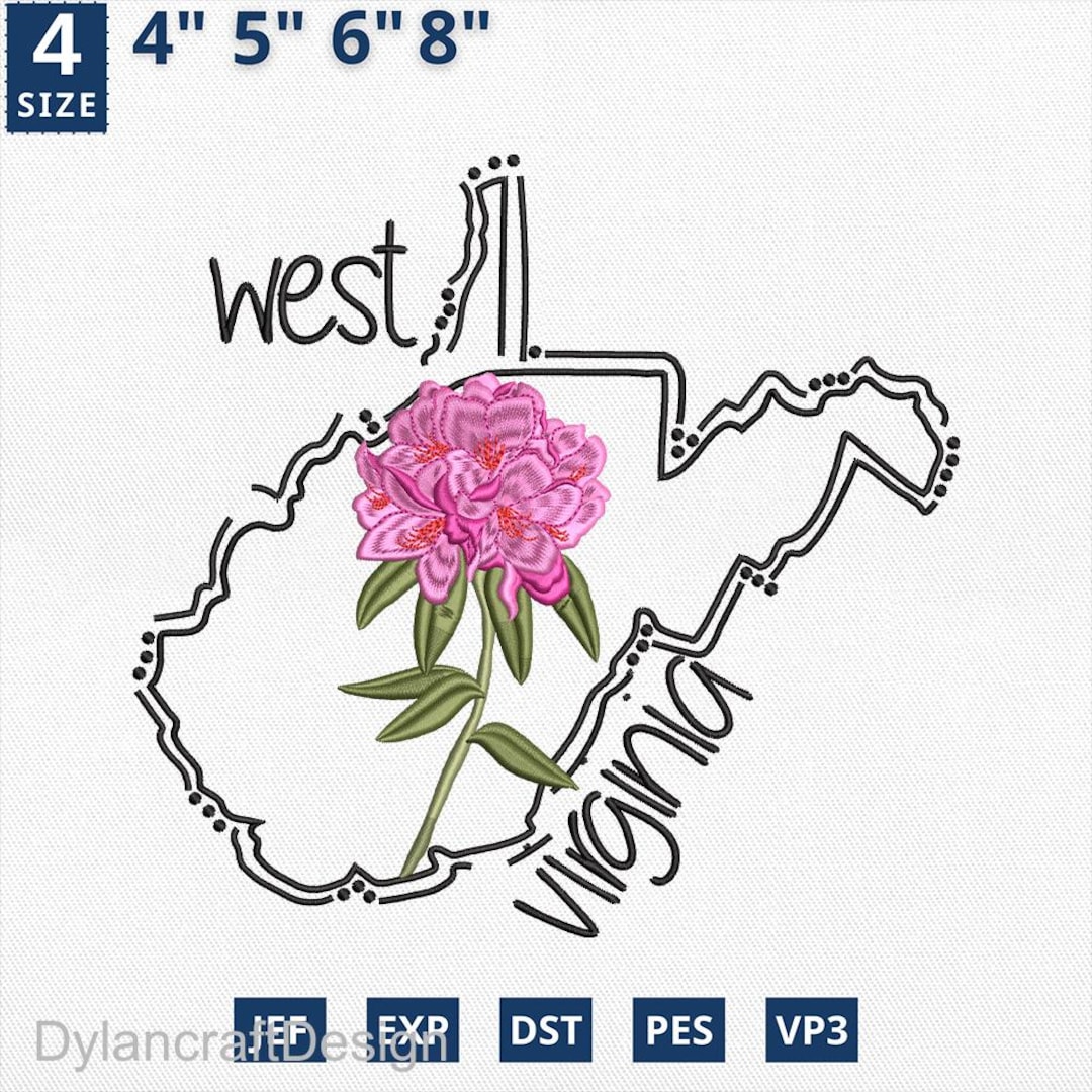 West Virginia State Map Embroidery Design, West Virginia Flower State ...