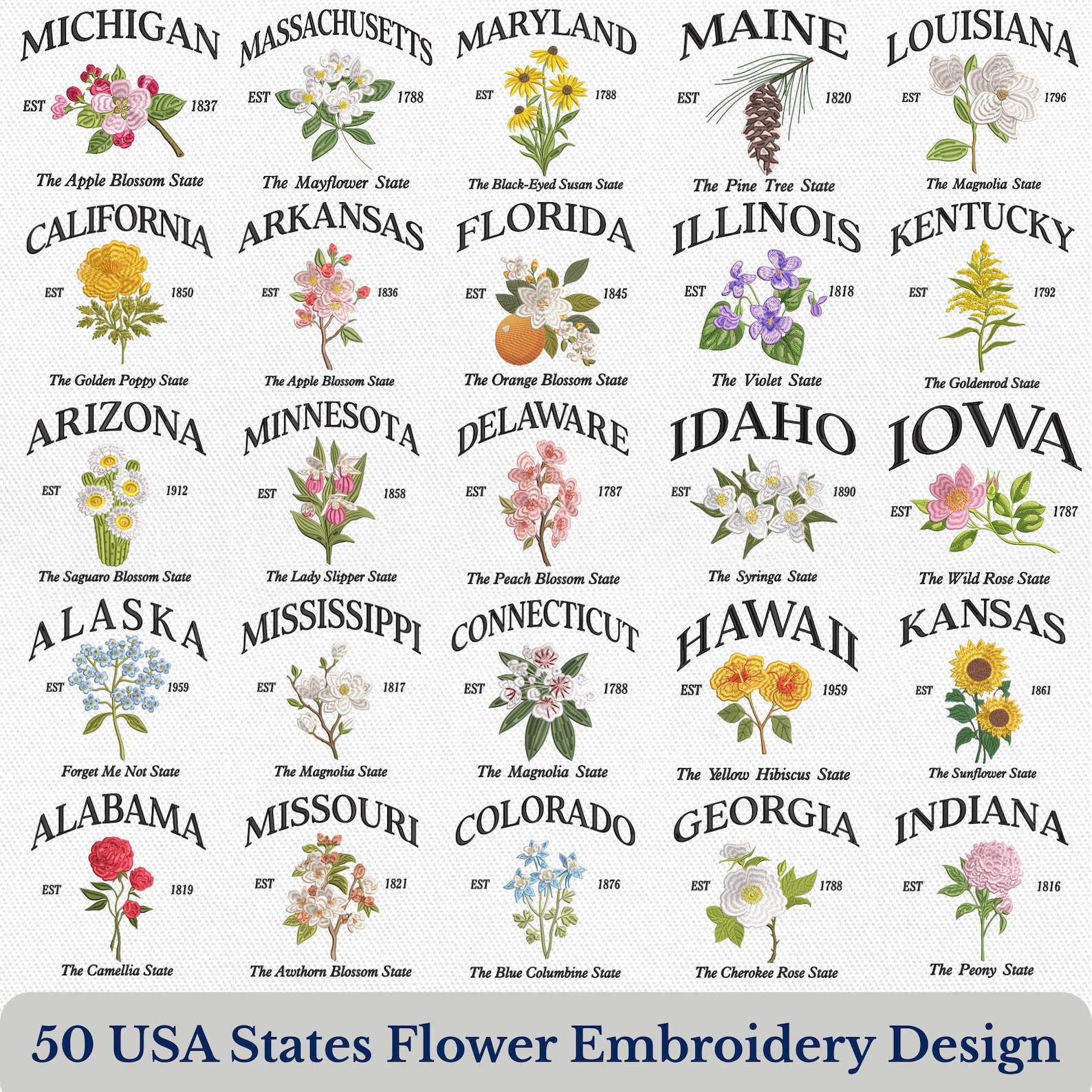 50 USA State Flowers Embroidery Design, 50 USA States Official Flowers Embroidery File, Flower ...