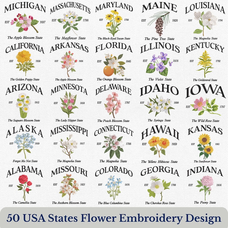 50 USA State Flowers Embroidery Design, 50 USA States Official Flowers ...