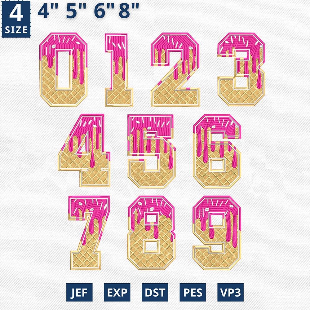 10 Waffle Cone Numbers Embroidery, Baseball Ice Cream Drip Number ...