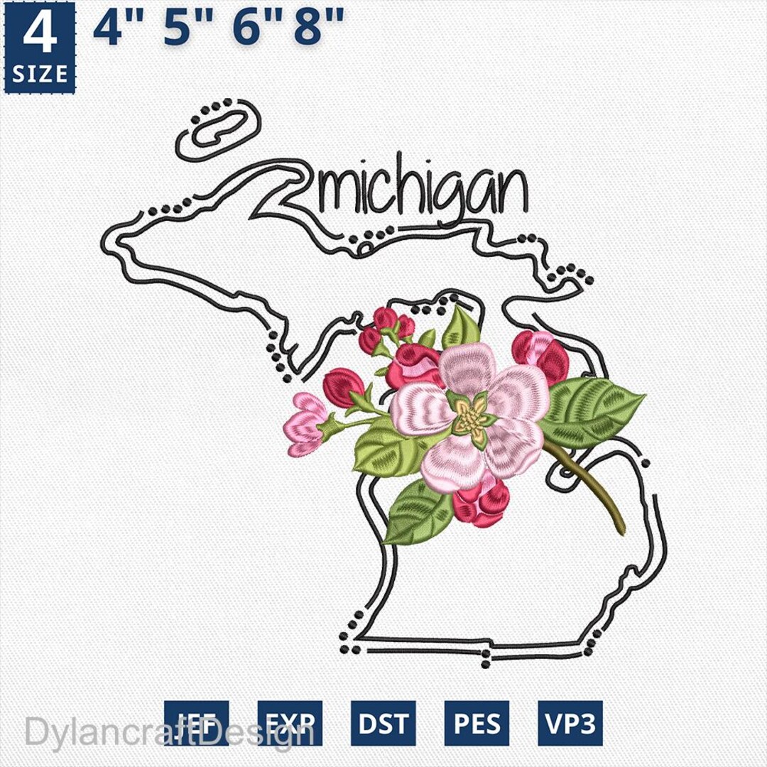 Michigan State Map Embroidery Design, Michigan Flower State Embroidery ...