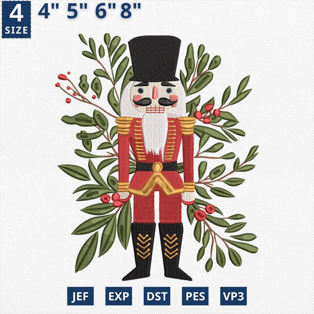 Nutcracker Embroidery Design, Classic Christmas Nutcracker With Leaves ...