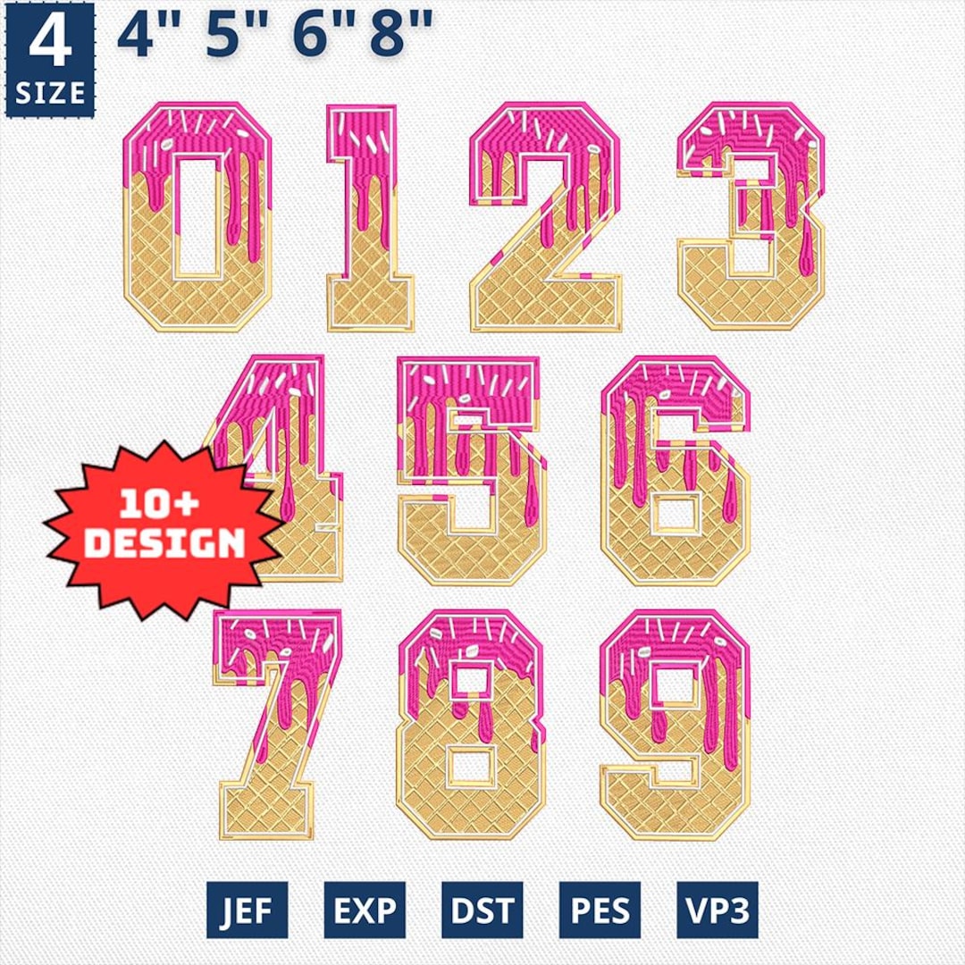10 Waffle Cone Numbers Embroidery, Baseball Ice Cream Drip Number ...