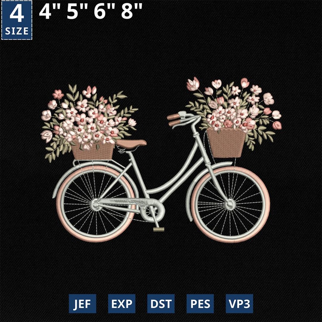 Bicycle With Flowers Embroidery Design, Floral Bike Machine File, Bike ...