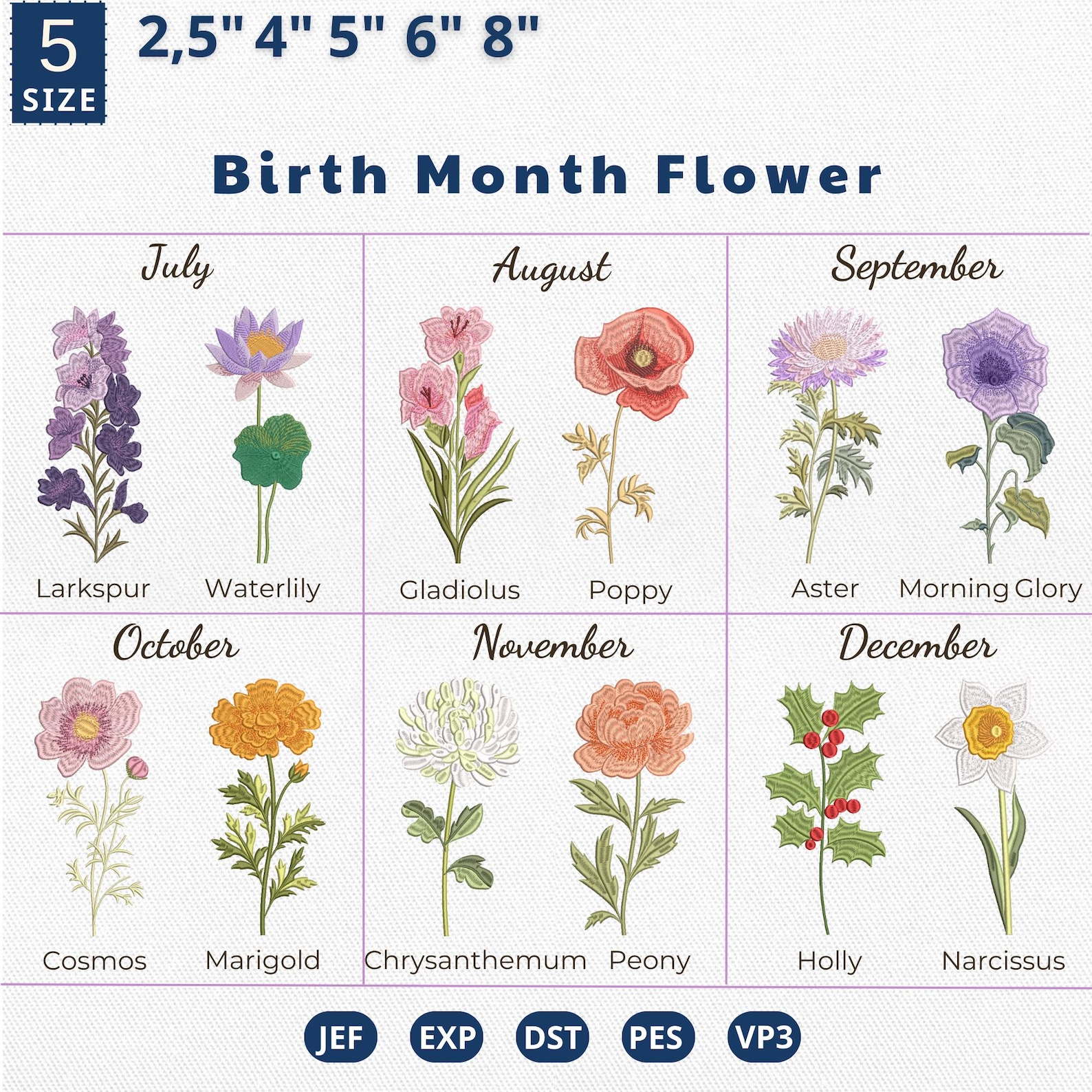 24 Birth Month Flowers Embroidery Design, Wildflower Embroidery Design ...