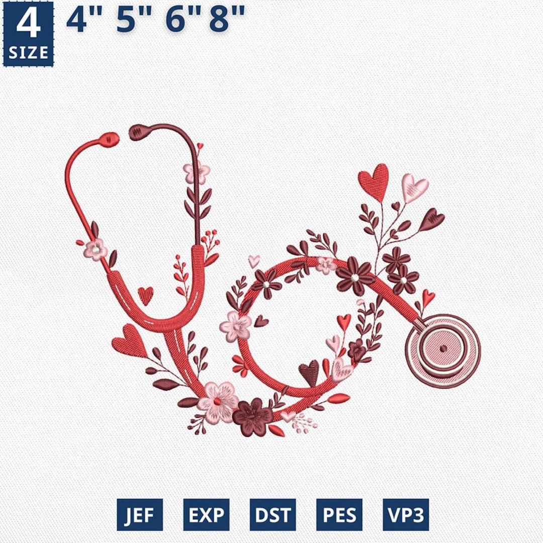 Medical Love Embroidery Design, Floral Stethoscope Heart Embroidery ...