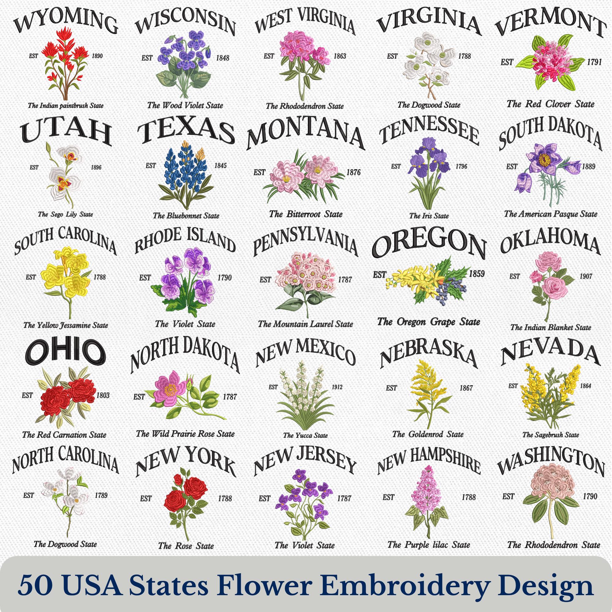 50 USA State Flowers Embroidery Design, 50 USA States Official Flowers Embroidery File, Flower ...