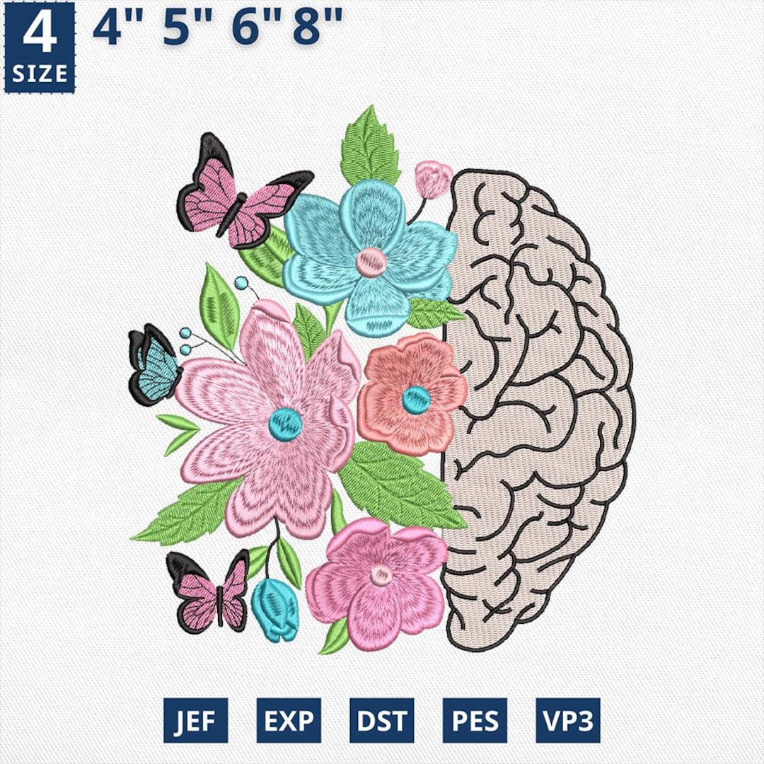 Mental Health Matters Embroidery, Half Brain Half Floral Skull Machine ...