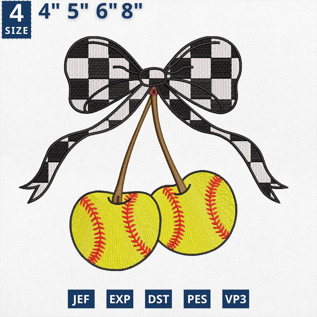 Softball Cherry Bow Embroidery Design, Softball Coquette Bow Design ...