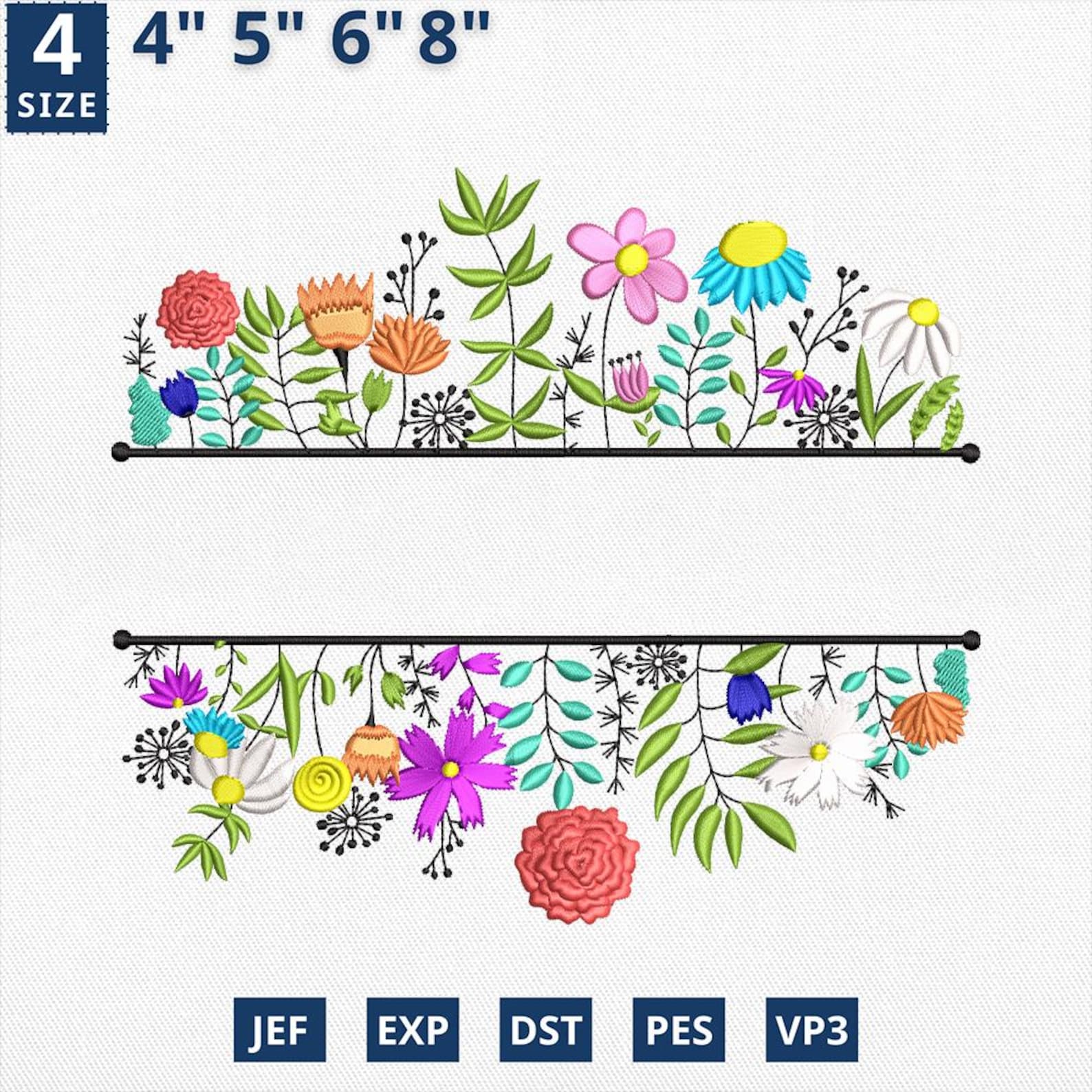 Floral Frame Embroidery Design, Wildflower Border Horizontal Frame ...