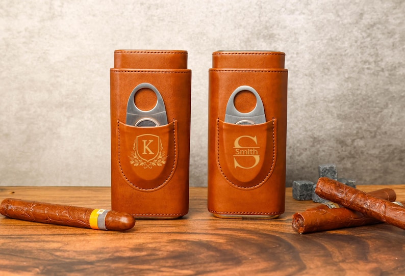 Personalized Cigar Case, Leather Cigar Holder With Cutter, Gift for Dad ...