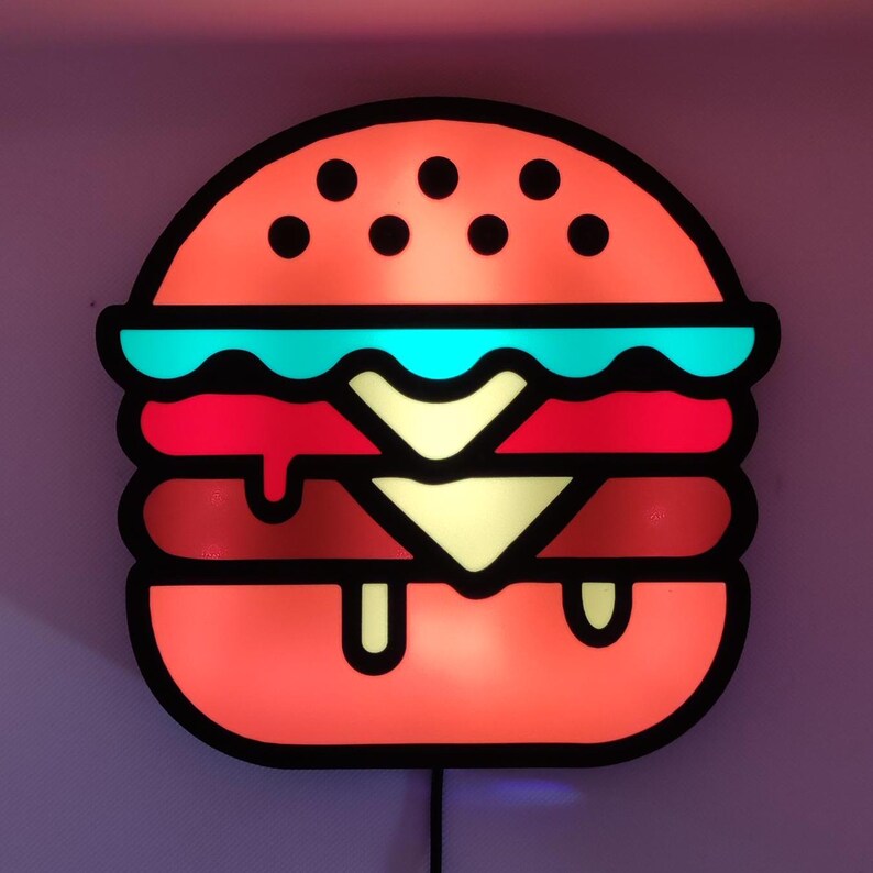 Hamburger Icon Wall Hanging With LED Lights – Fun Burger Decor for ...
