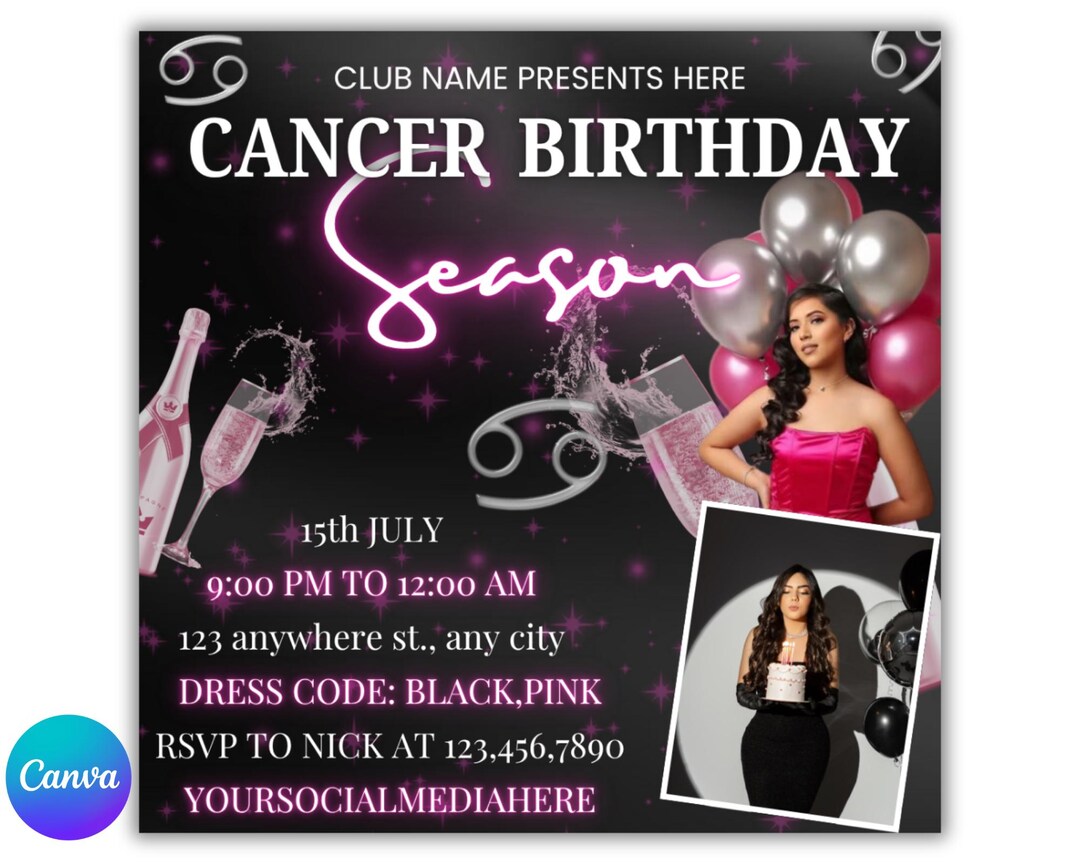 Cancer Birthday Flyer, Cancer Pink Flyer, Birthday Flyer, Zodiac Party ...