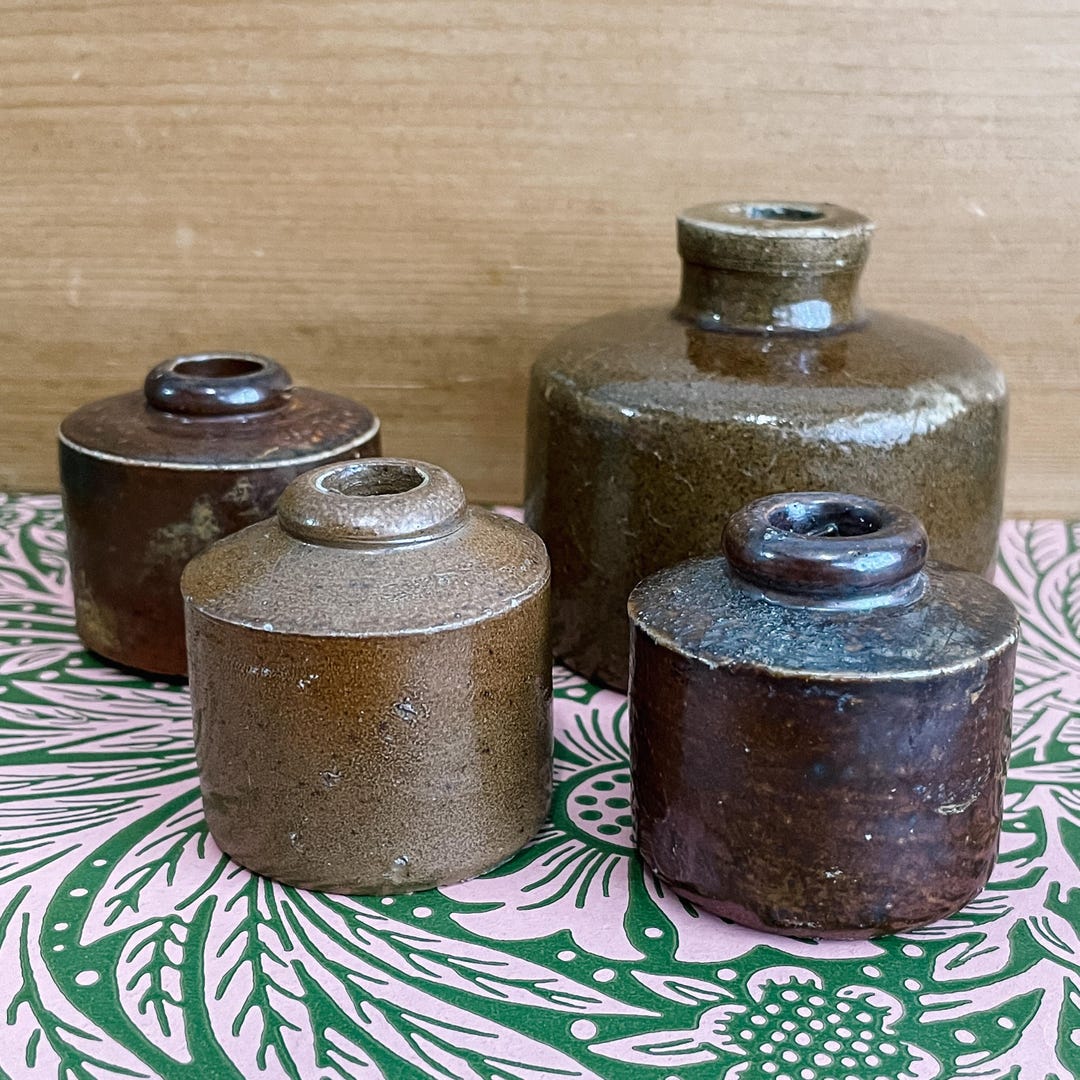 Antique English Stoneware "pork Pie" Ink Pots / Inkwells / Ink Bottles ...