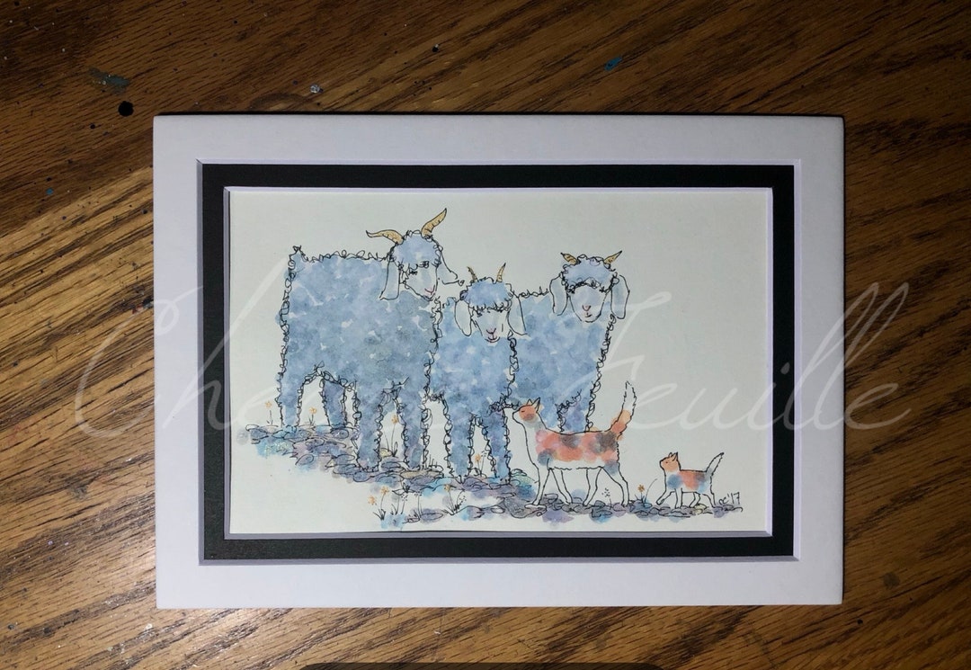 Angora Goat Art: the Blue Angoras Admire the Calicos. Original 4"x6 ...