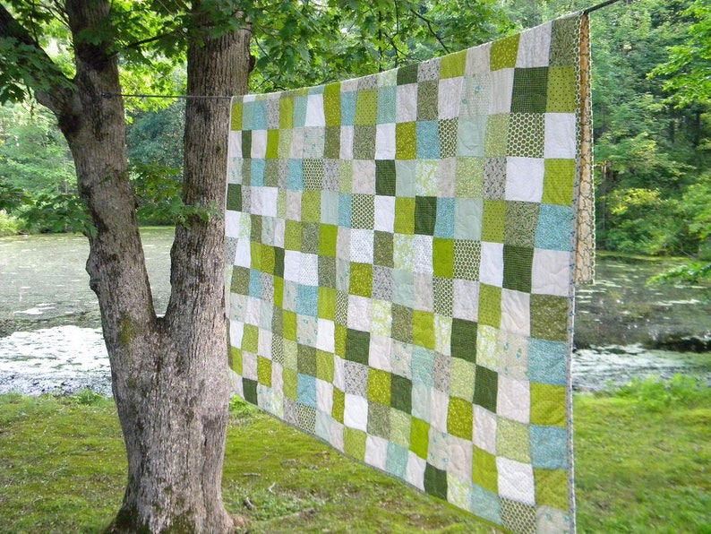 Full Size Quilt, Spring Green Patchwork Cotton Blanket 81 X 81 Scrappy ...
