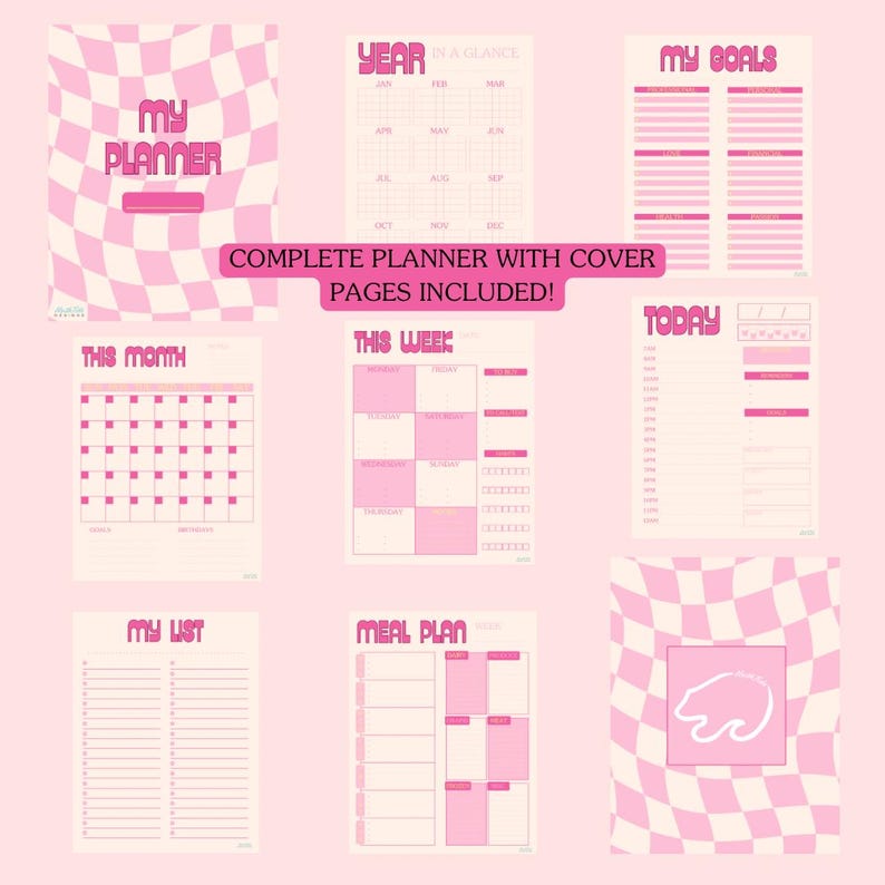 Pink Checkered Planner Bundle, Complete Planner Template, Monthly ...