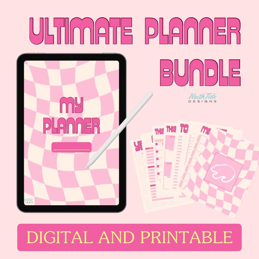 Pink Checkered Planner Bundle, Complete Planner Template, Monthly ...