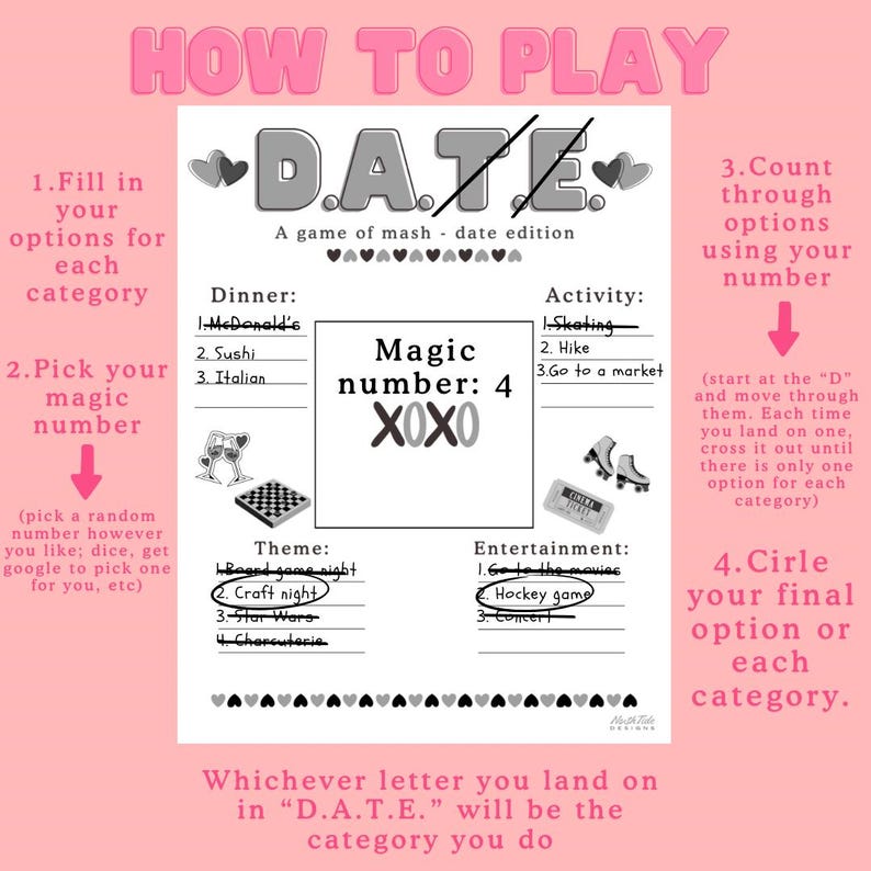MASH Date Night Game Printable: Black and White Date Planner (A4/A5 ...