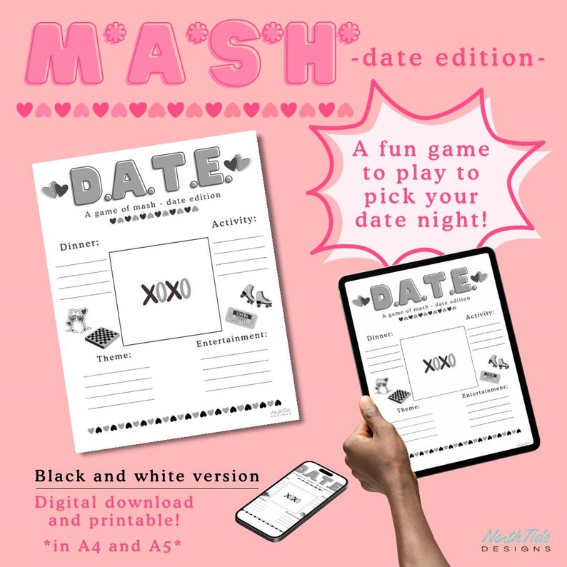 MASH Date Night Game Printable: Black and White Date Planner (A4/A5 ...