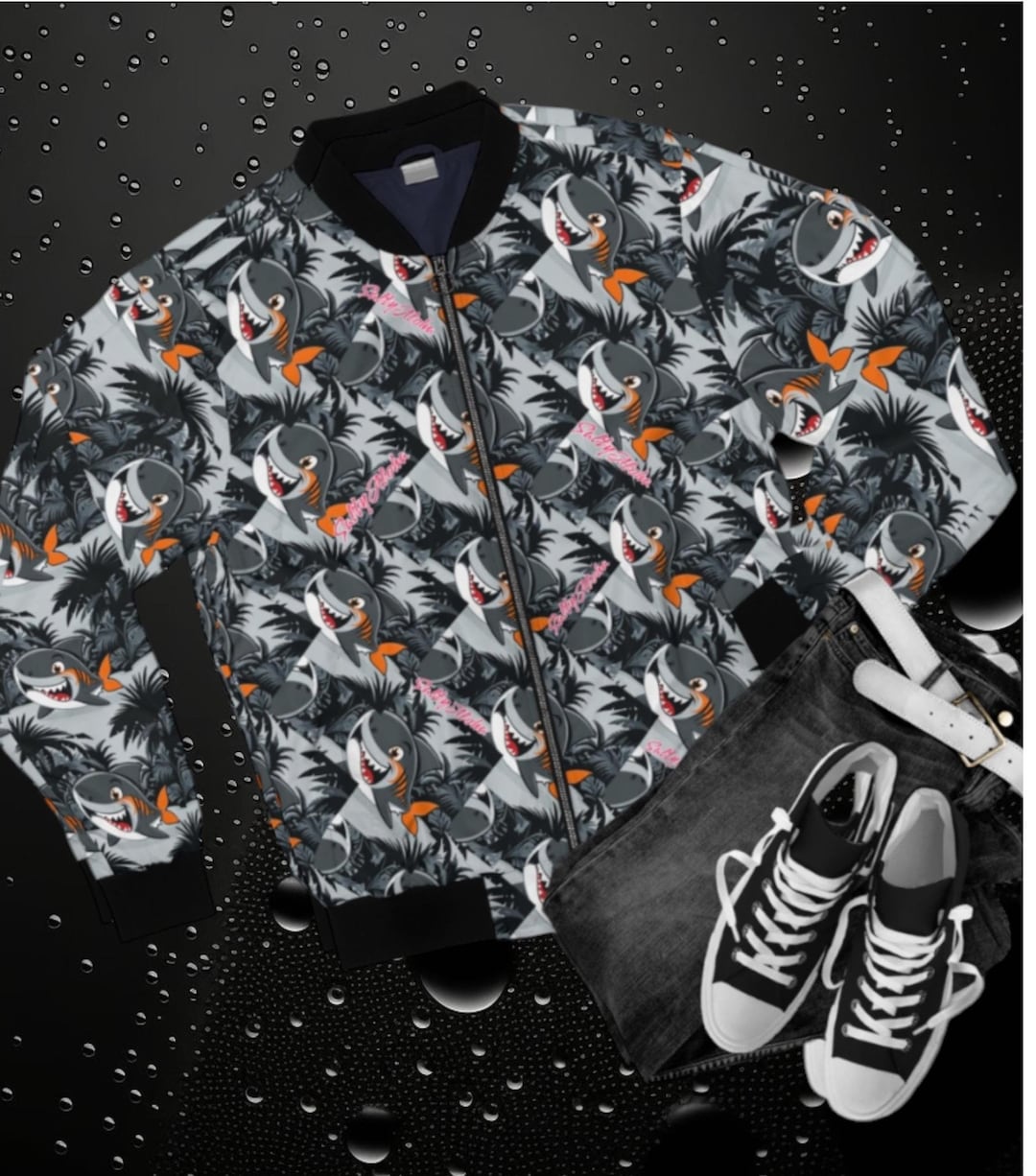 Shark Paradise Bomber Jacket, Tropical Shark Print, Stylish Mens ...