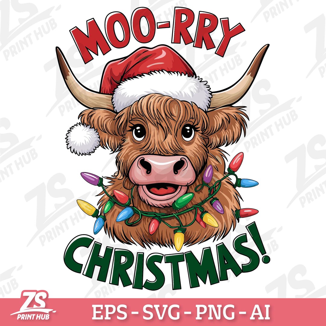 Moo-rry Christmas SVG PNG Digital Download, Cute Cow Santa Hat Clipart ...