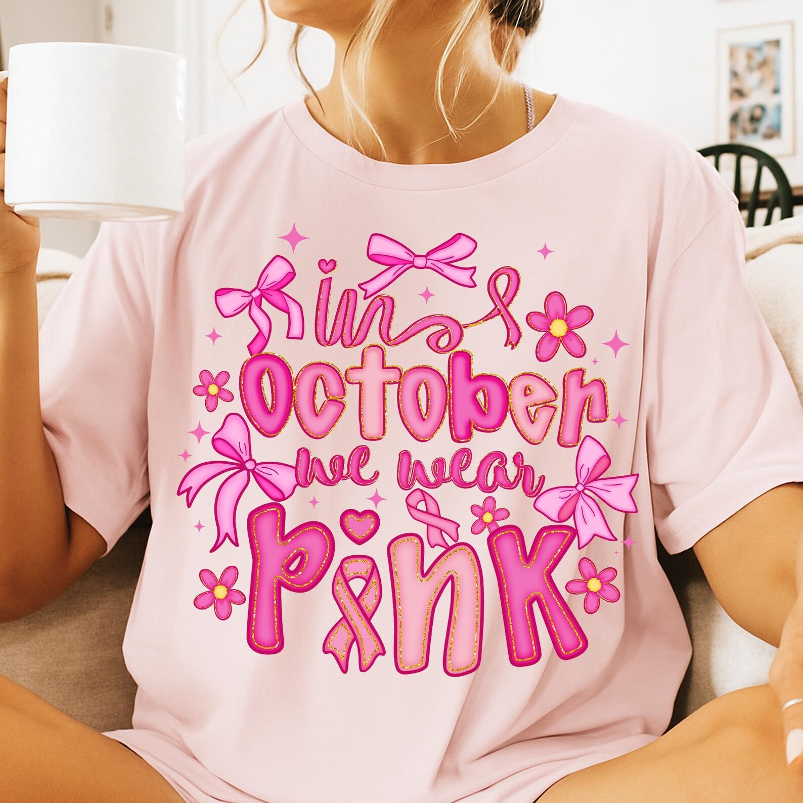 Preppy Breast Cancer Png, in October We Wear Pink Png, Coquette Breast ...