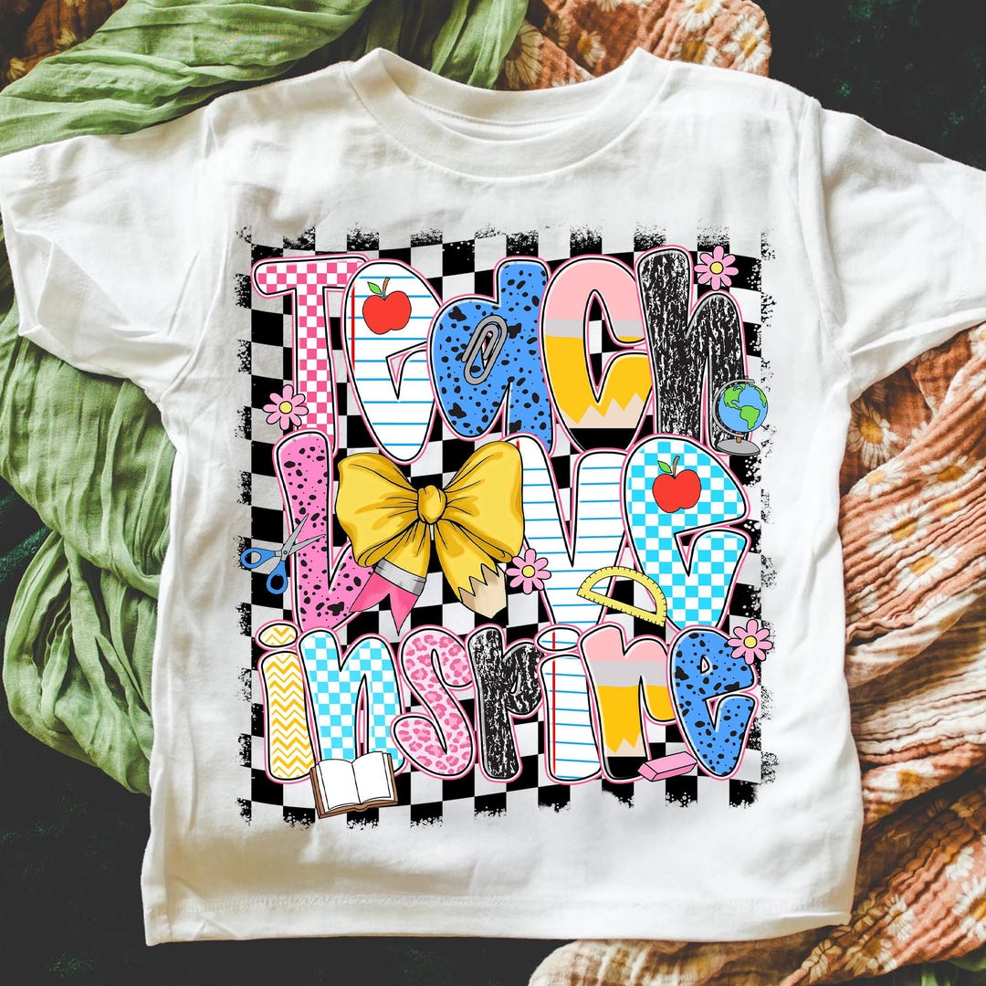 Preppy Teach Love Inspire Png, Preppy Teacher Pencil Bow Doodle Png ...