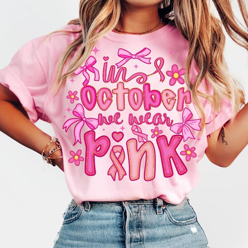 Preppy Breast Cancer Png, in October We Wear Pink Png, Coquette Breast ...
