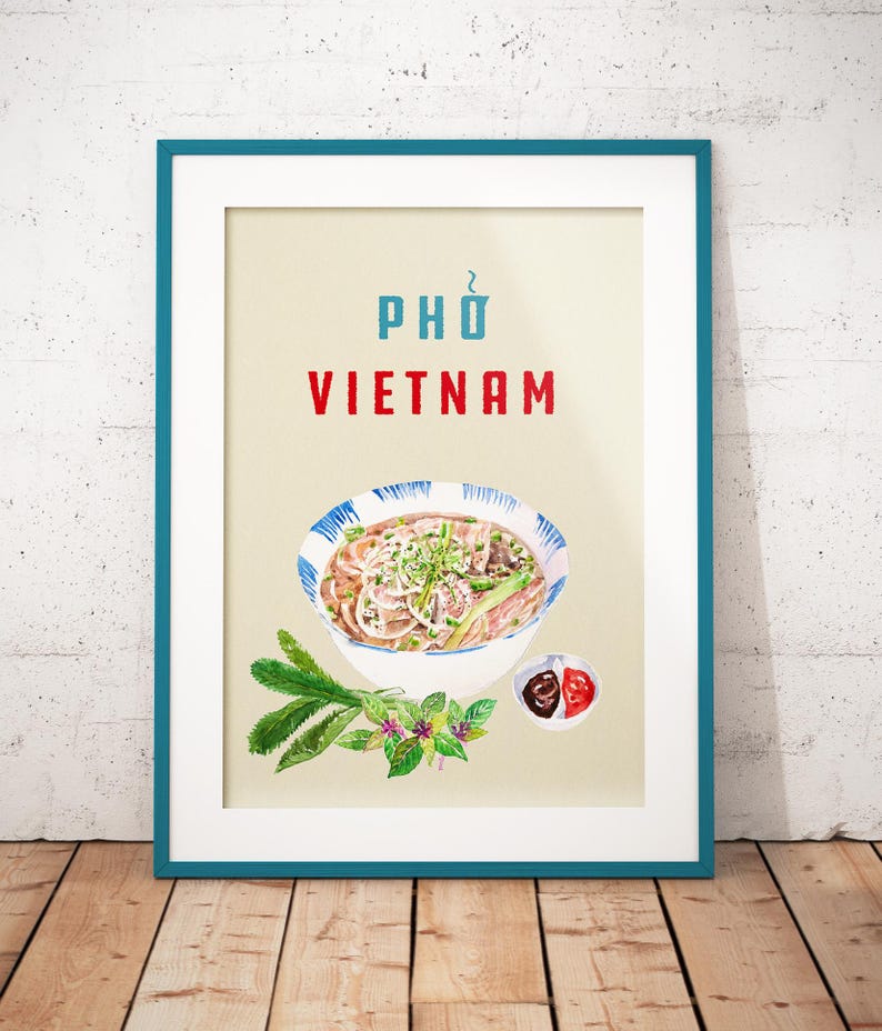 Vietnamese Phở Printable Vintage Poster Watercolor Hand-painted Kitchen ...