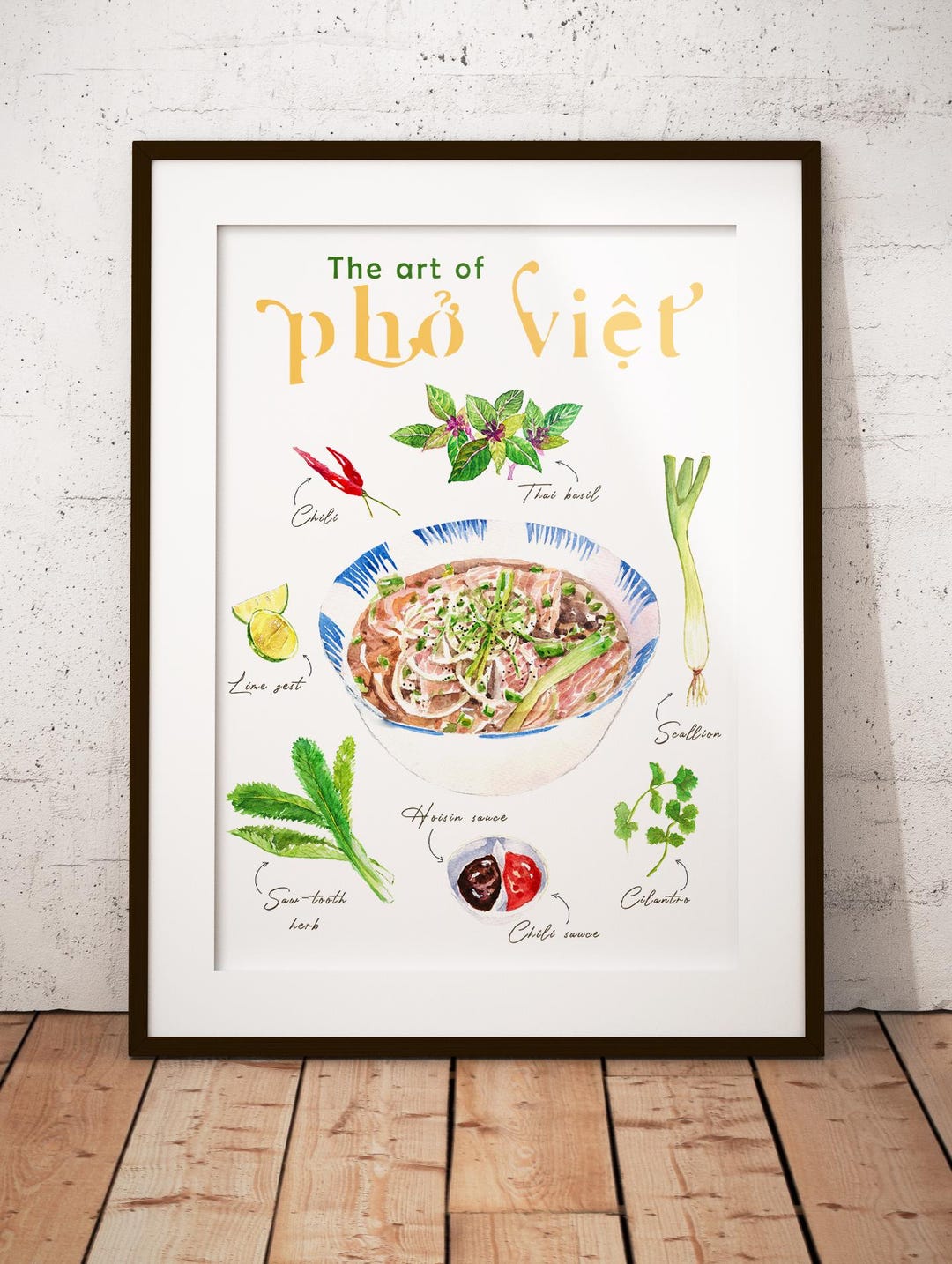 Vietnamese Phở Printable Poster Watercolor Hand-painted Kitchen Wall ...