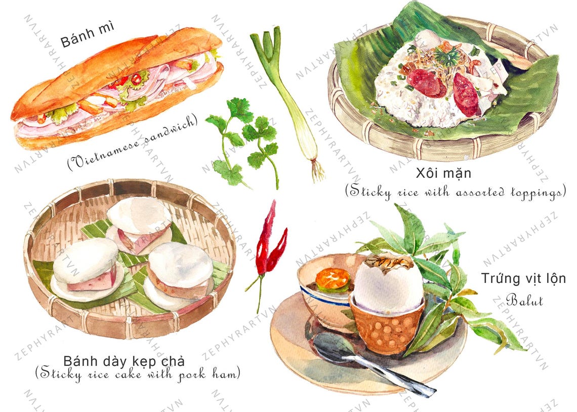 Vietnamese Food Watercolor Clip Arts Asian Cuisine Banh Mi Banh Xeo ...